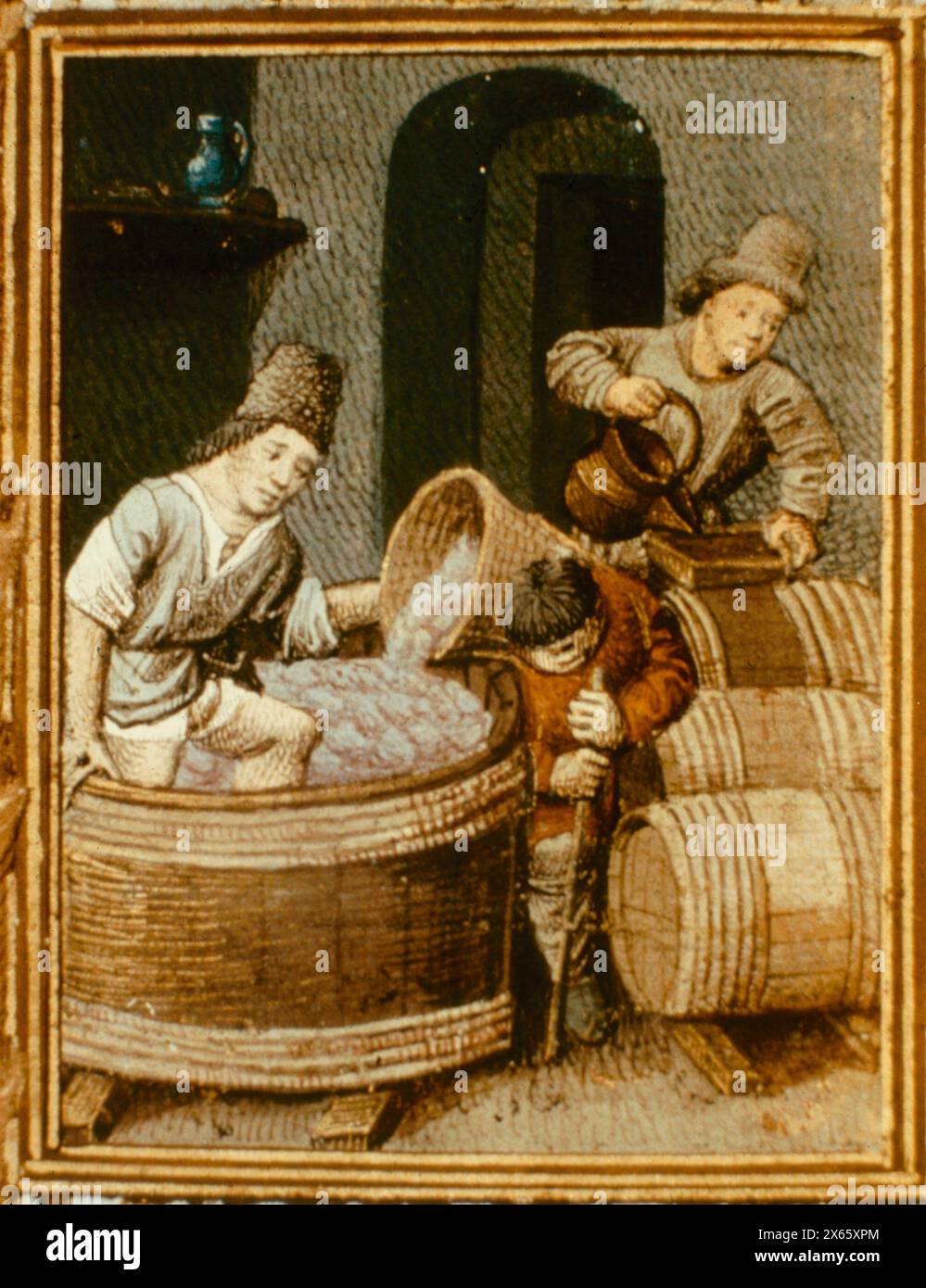 Workers crushing grapes to make wine in the late Middle Ages, 15th ...
