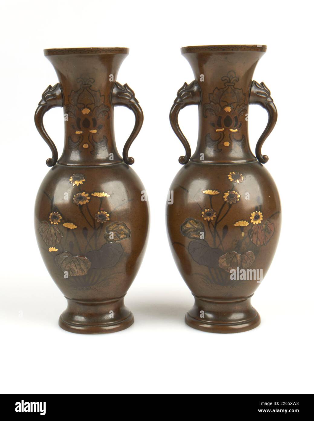 Pair of antique 19thc. Japanese rabbit and moon bronze vases inlaid ...