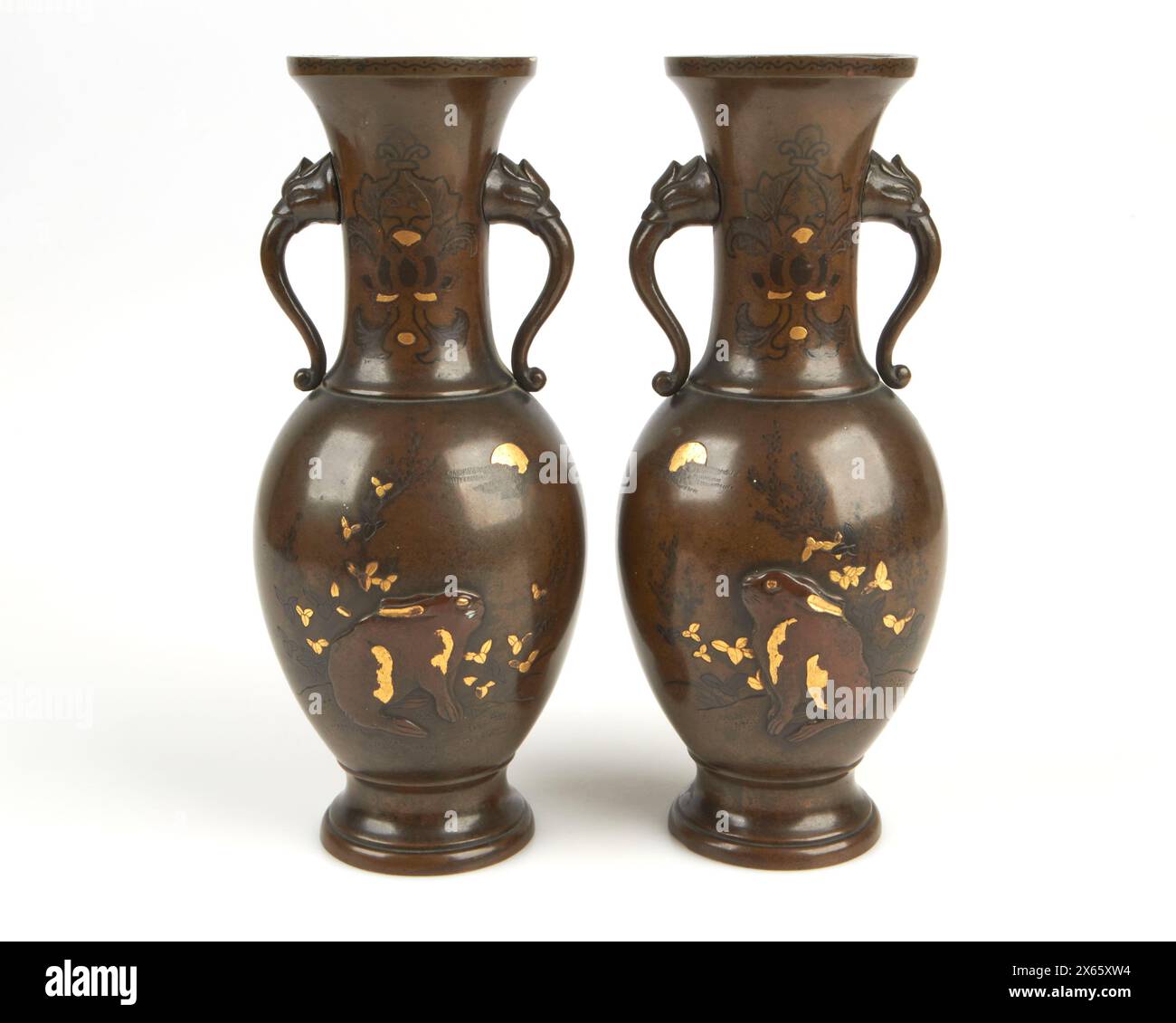 Pair of antique 19thc. Japanese rabbit and moon bronze vases inlaid ...