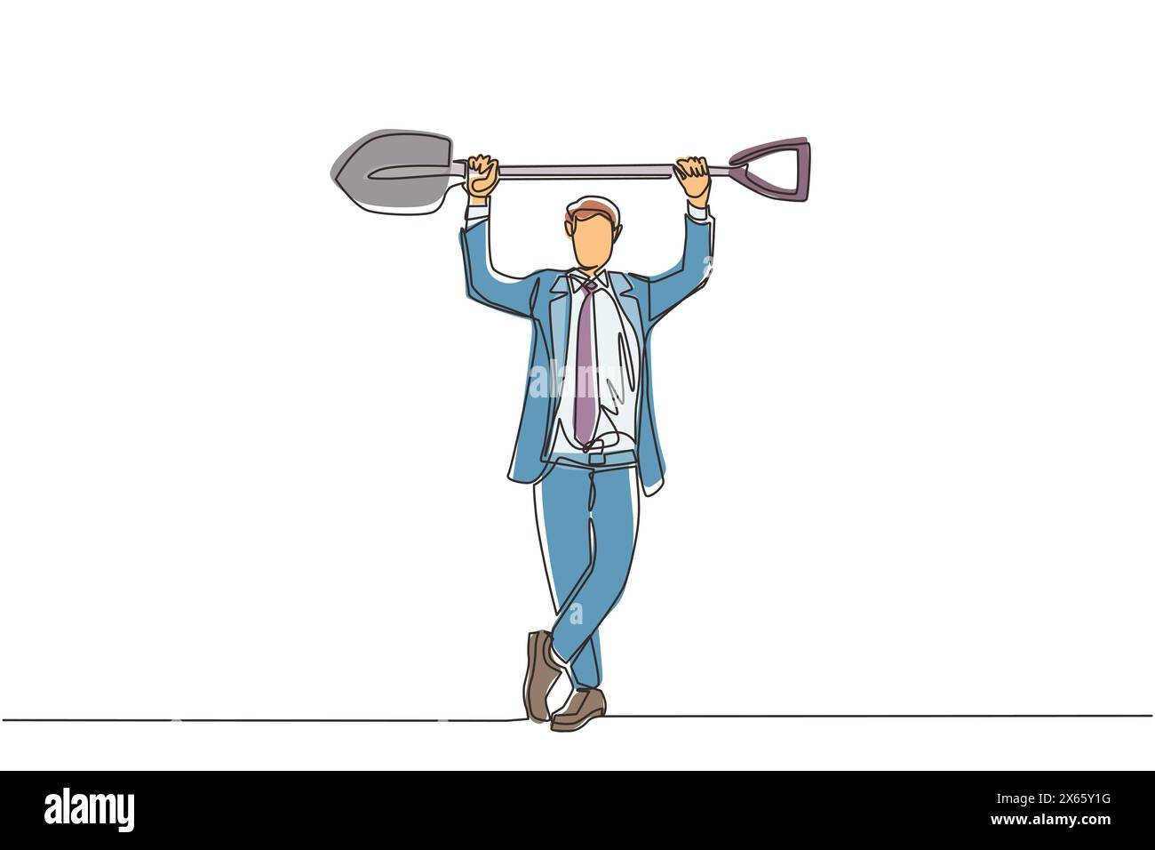 Continuous one line drawing businessman standing and lifting big shovel ...