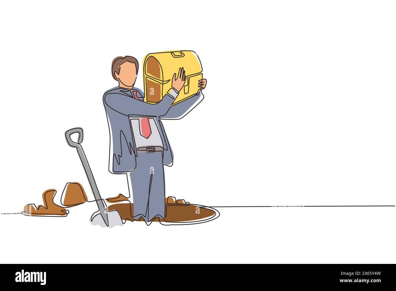 Continuous one line drawing happy man hunter seeker hold chest find ...