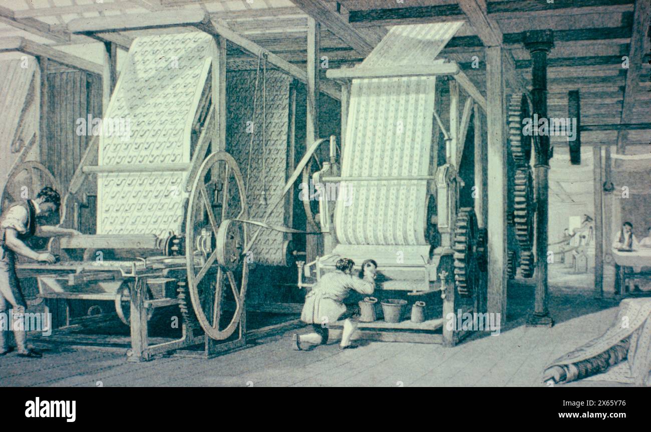 Calico printing in Lancashire, illustration 1835 Stock Photo - Alamy
