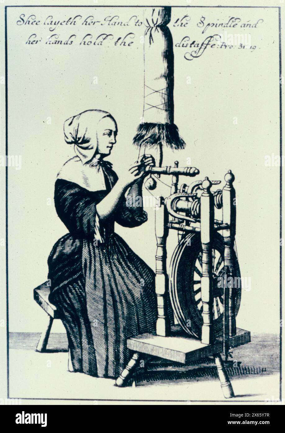 A woman spinning flax into linen thread, illustration 1681 Stock Photo ...