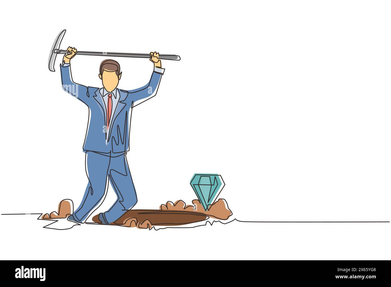 Continuous one line drawing young businessman in hole prancing happily ...