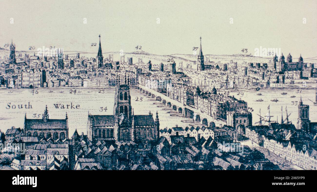 View of London with the original bridge in 1620, illustration Stock ...