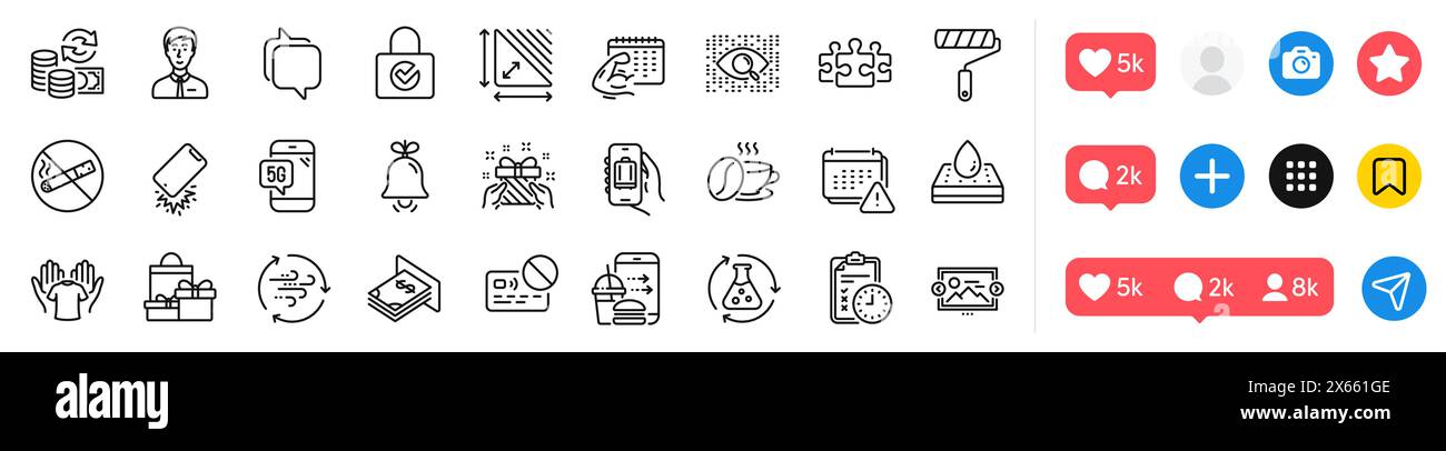 Password encryption, 5g phone and Food order line icons pack. For web app. Social media icons ...