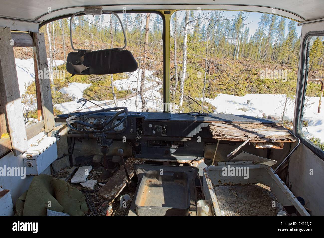 Inside view of bus cab of an old abandoned bus Stock Photo - Alamy