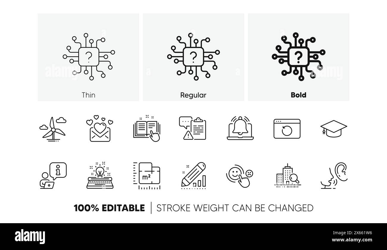 Windmill turbine, Floor plan and Interview line icons. For web app, printing. Line icons. Vector ...