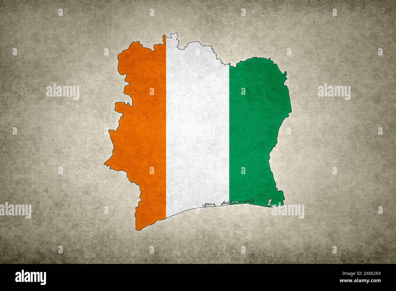 Grunge map of Ivory Coast with its flag printed within its border on an ...