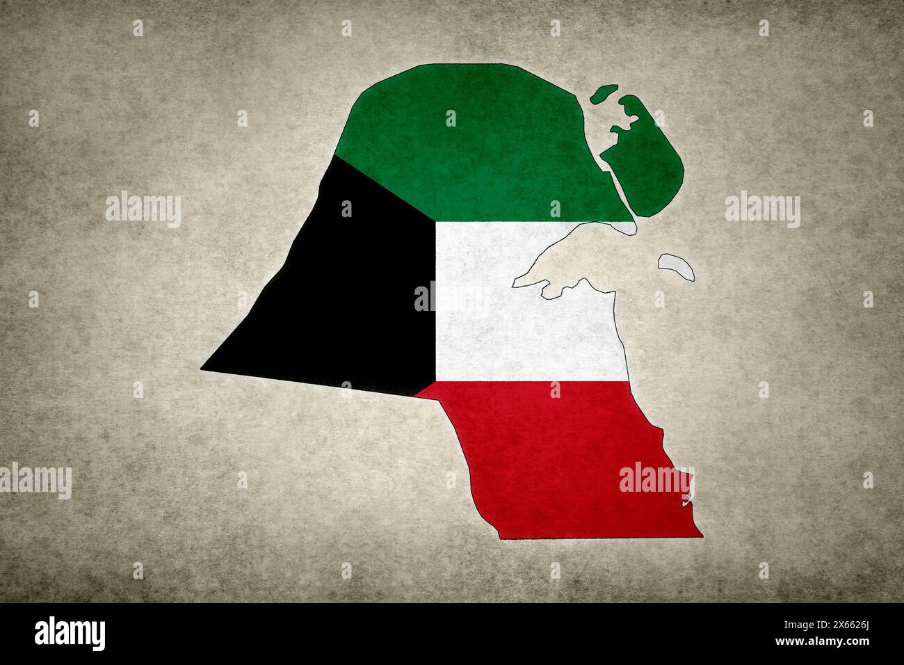 Grunge map of Kuwait with its flag printed within its border on an old ...