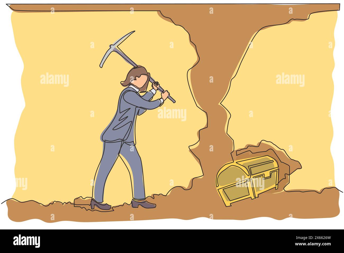 Single continuous line drawing Arabian businessman digging with pickaxe ...