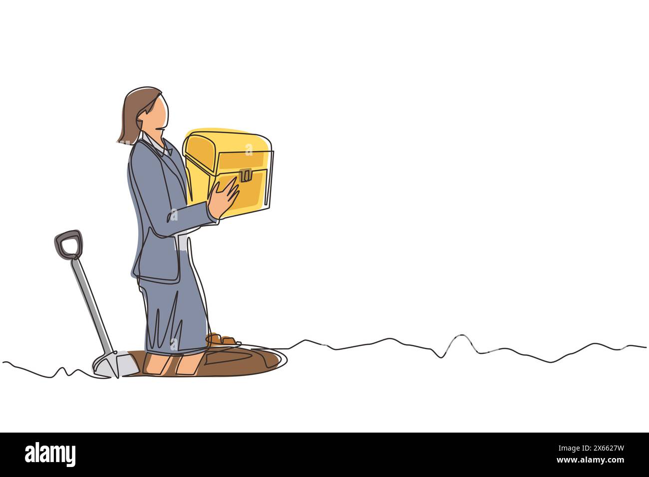 Continuous one line drawing happy woman hunter seeker hold chest find ...