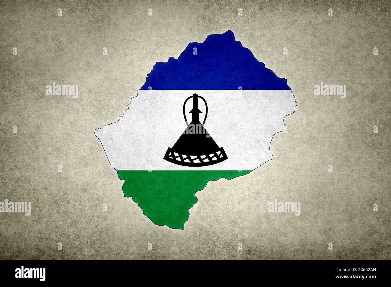 Grunge map of Lesotho with its flag printed within its border on an old ...