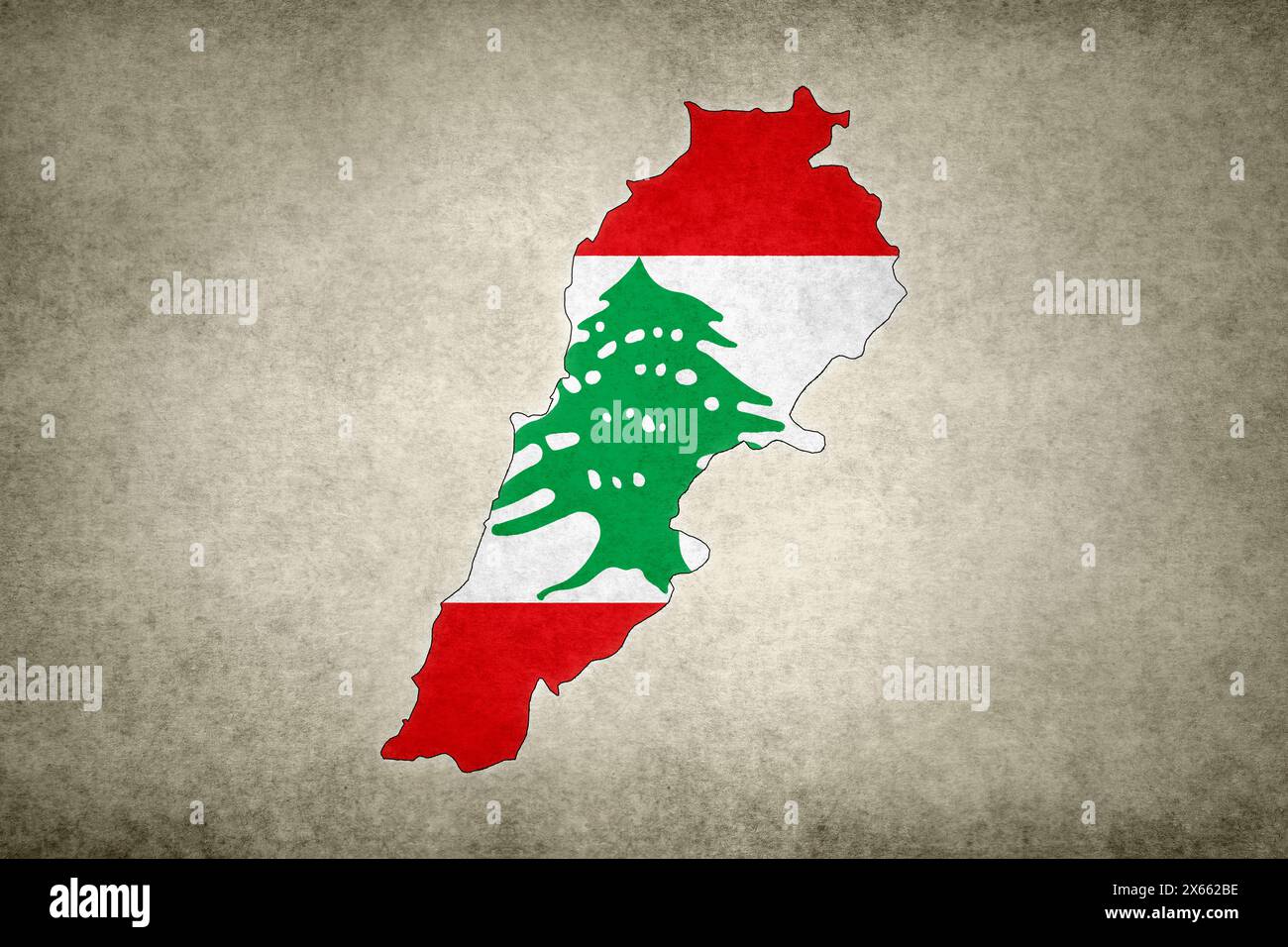 Grunge map of Lebanon with its flag printed within its border on an old ...
