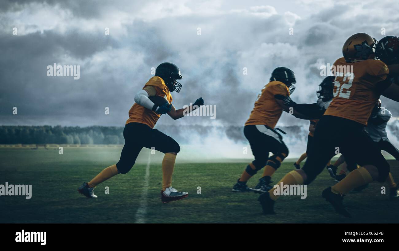 American Football Field Two Teams Play: Successful Player Running ...