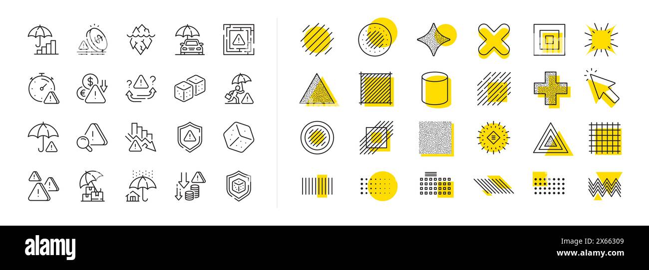 Risk management line icons. Safety umbrella, Iceberg threat and dice ...