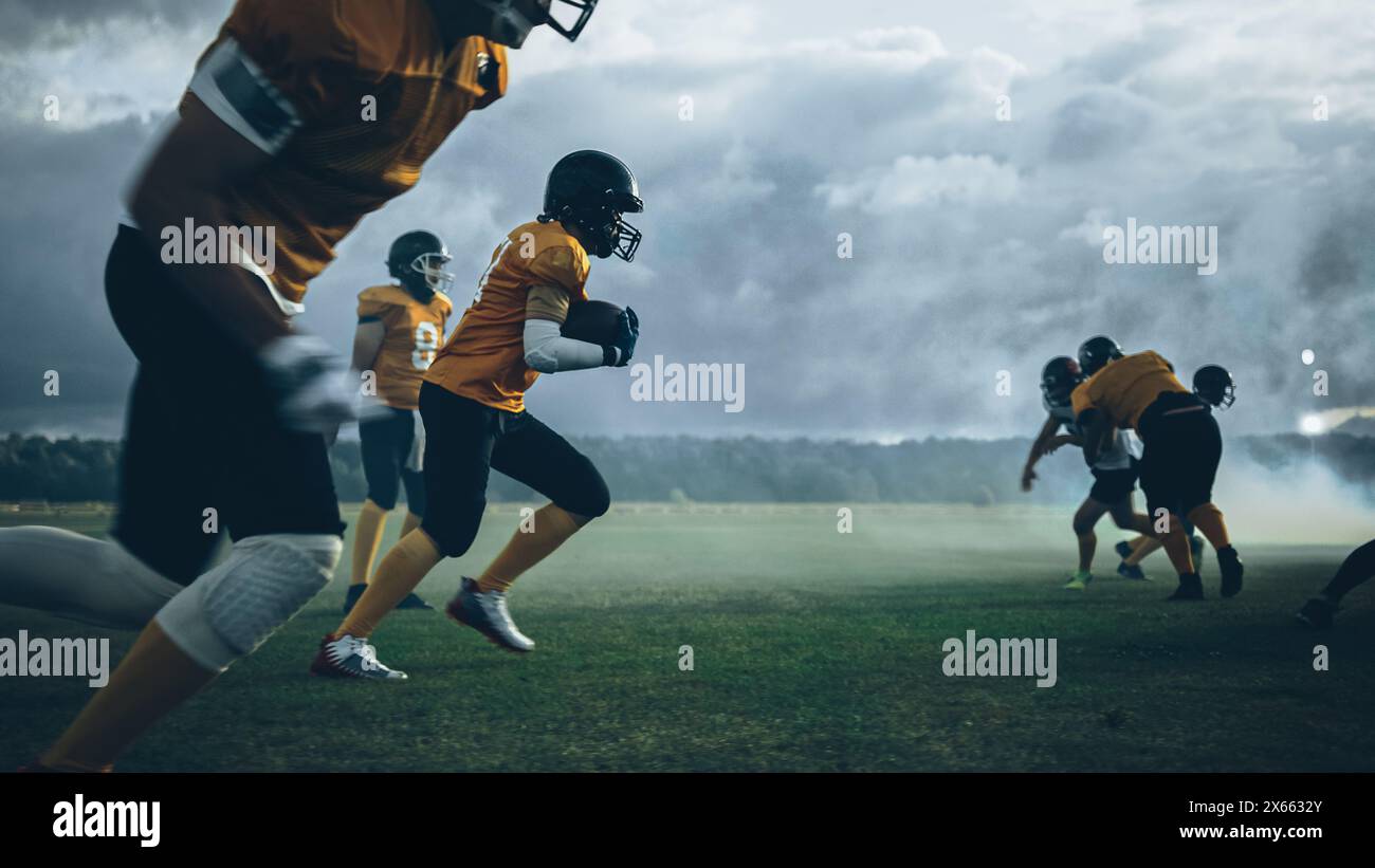 American Football Field Two Teams Play: Successful Player Running ...