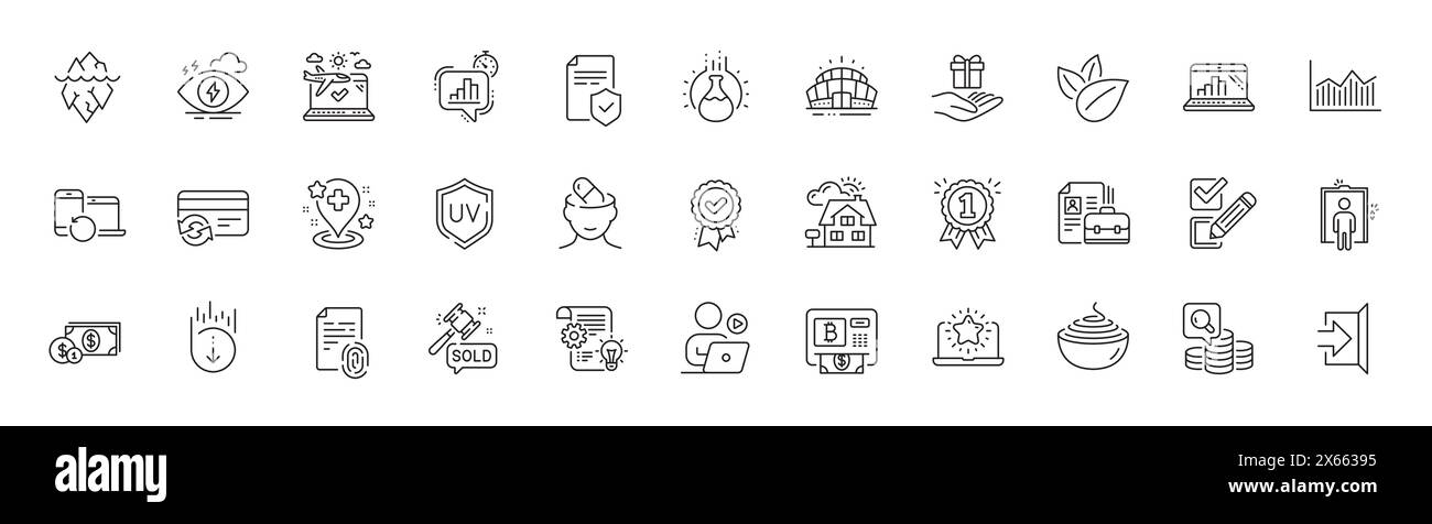 Bitcoin atm, Auction hammer and Iceberg line icons. For web app, printing. Line icons. Vector ...