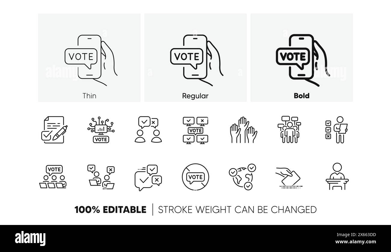 Voting line icons. Public Election, Vote Ballot Paper icons. Candidate ...