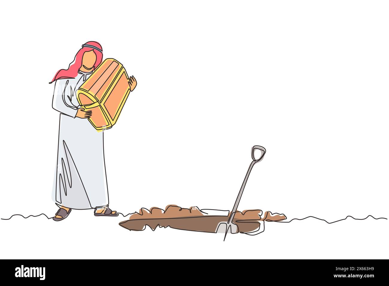Continuous one line drawing businesswoman walking and holding treasure ...