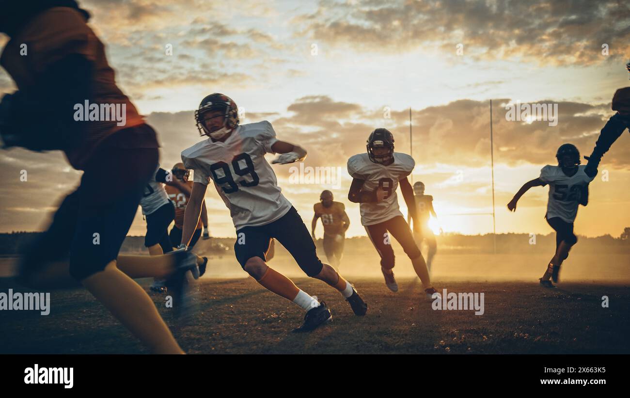 American Football Field Two Teams Compete: Players Pass and Run ...