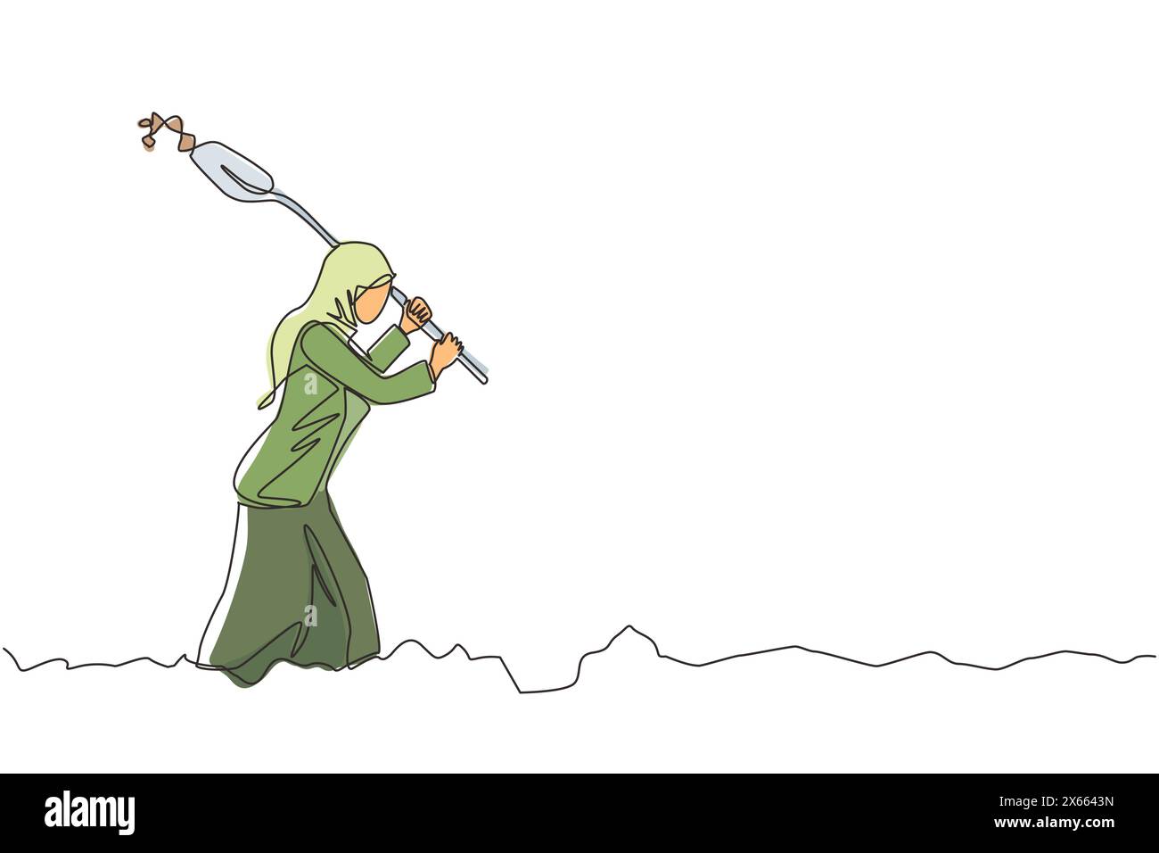 Single continuous line drawing Arabian businesswoman digging in dirt ...
