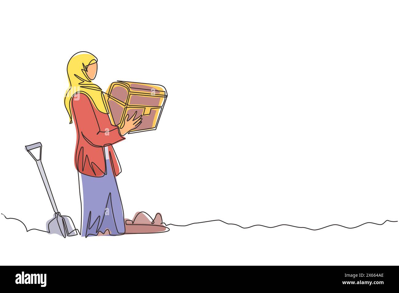 Single continuous line drawing Arab woman hunter seeker hold chest find ...