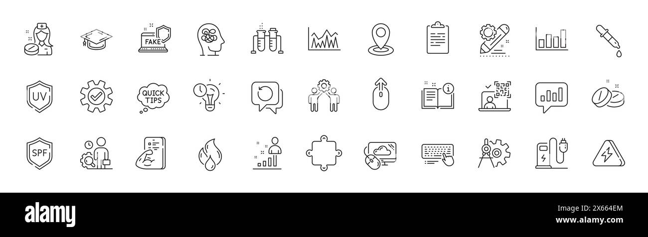Report diagram, Chemistry beaker and Graduation cap line icons. For web app, printing. Line ...