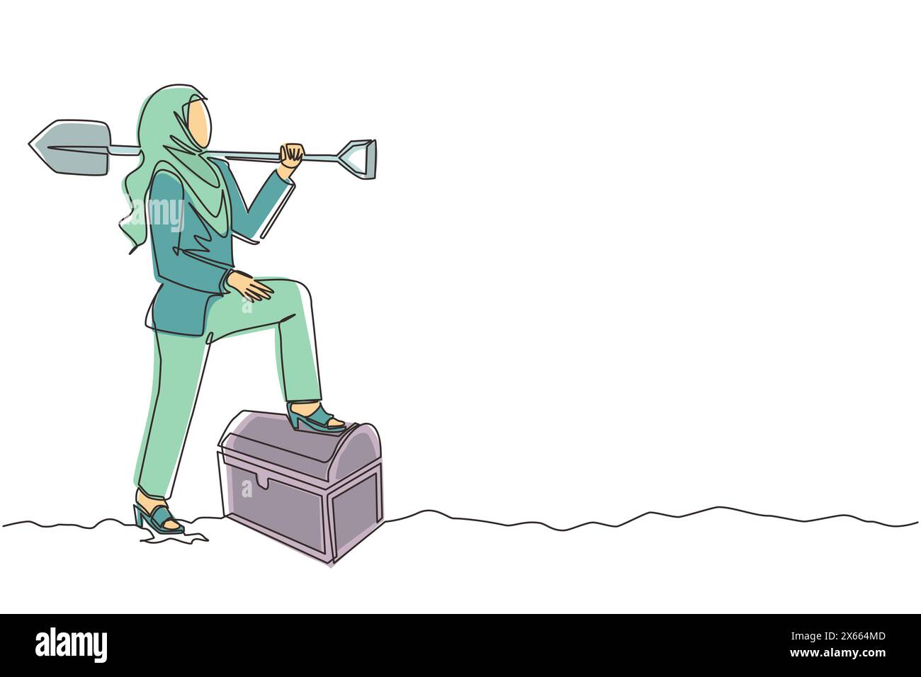Continuous one line drawing Arab businesswoman digging ground with ...