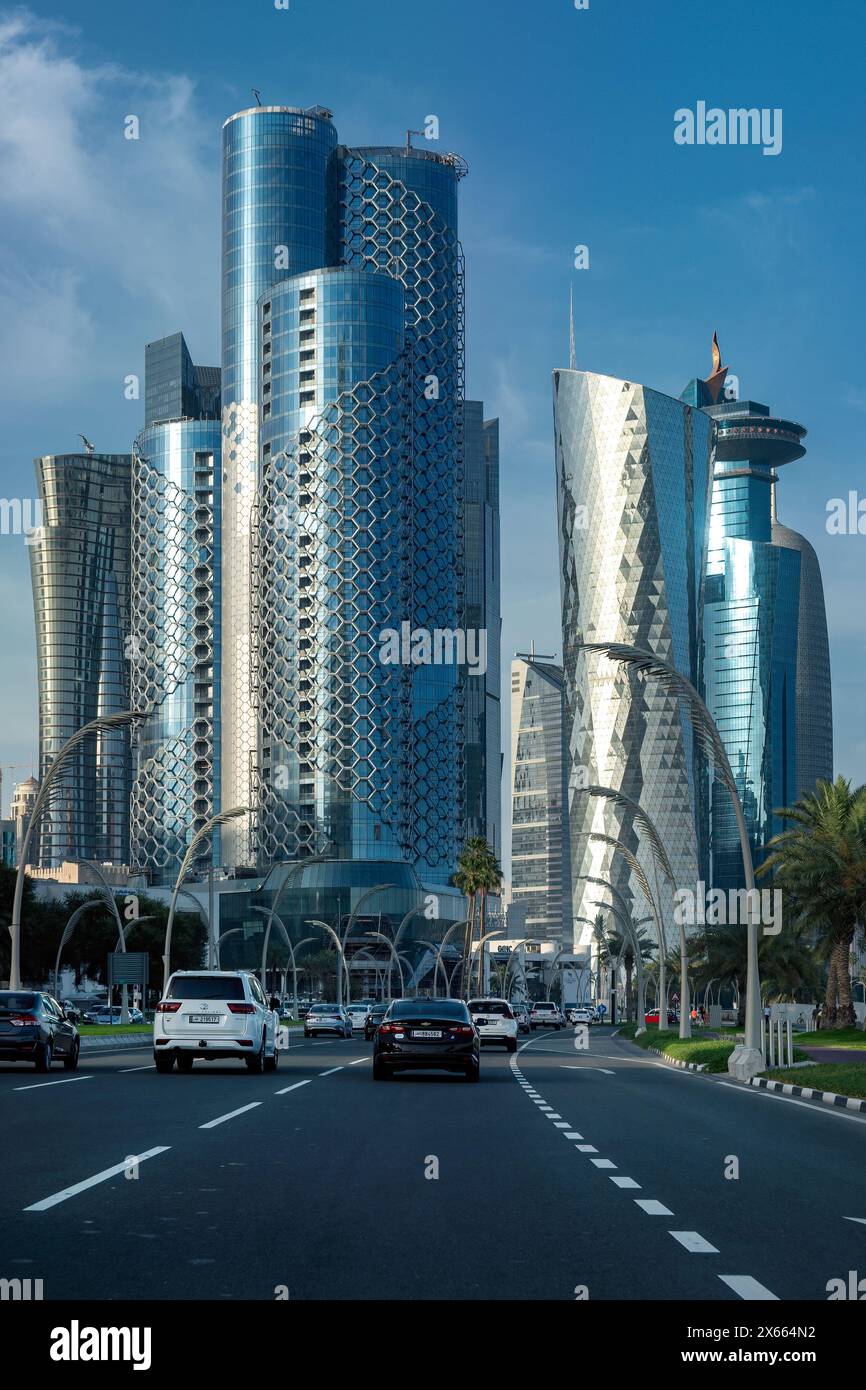 Doha corniche Roads and traffic west bay Doha Qatar Stock Photo - Alamy