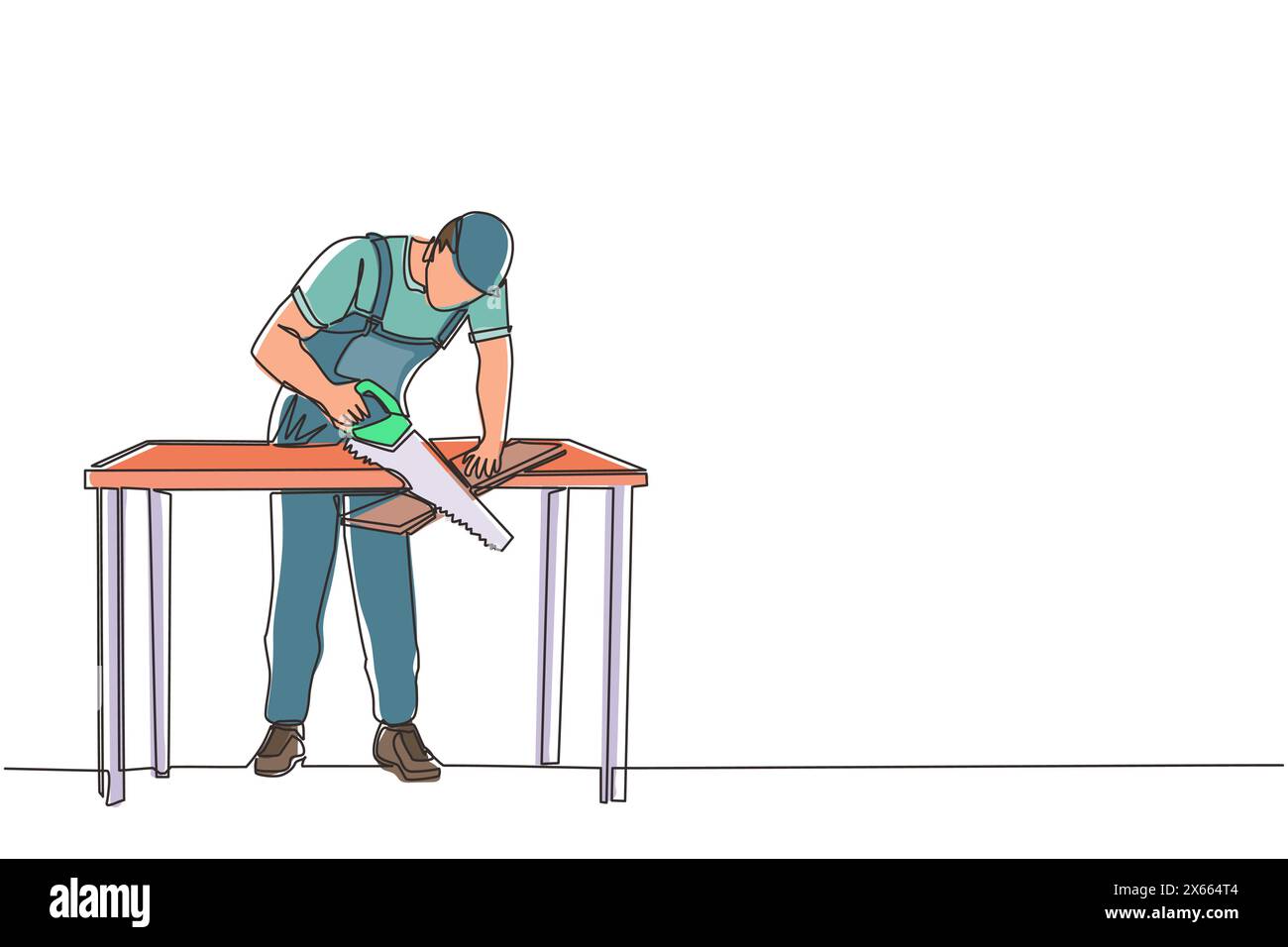 Single continuous line drawing builder or carpenter repairman sawing ...