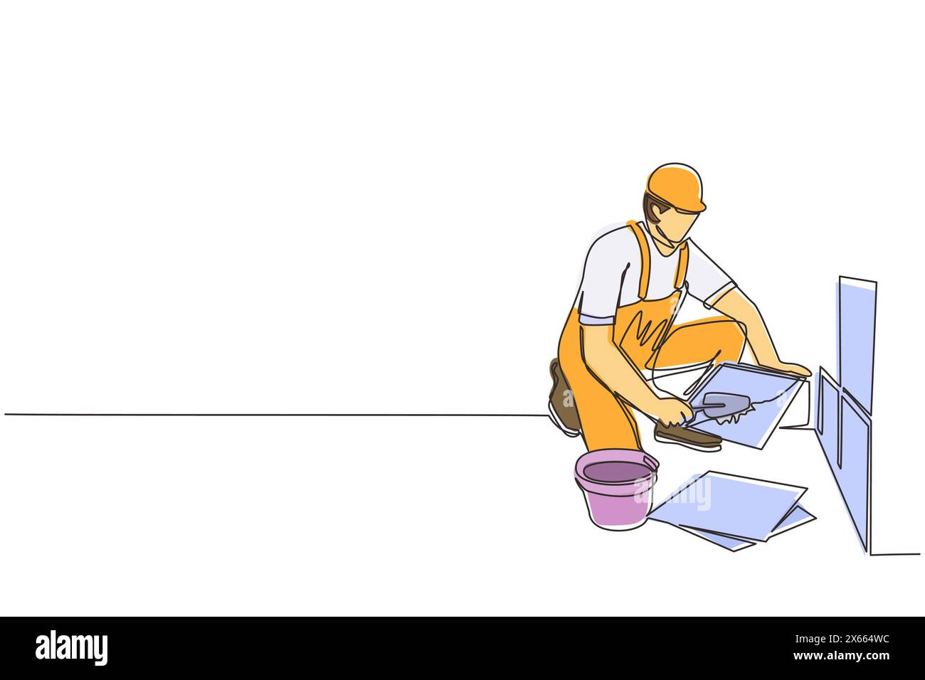 Single one line drawing repair worker laying ceramic wall tile ...