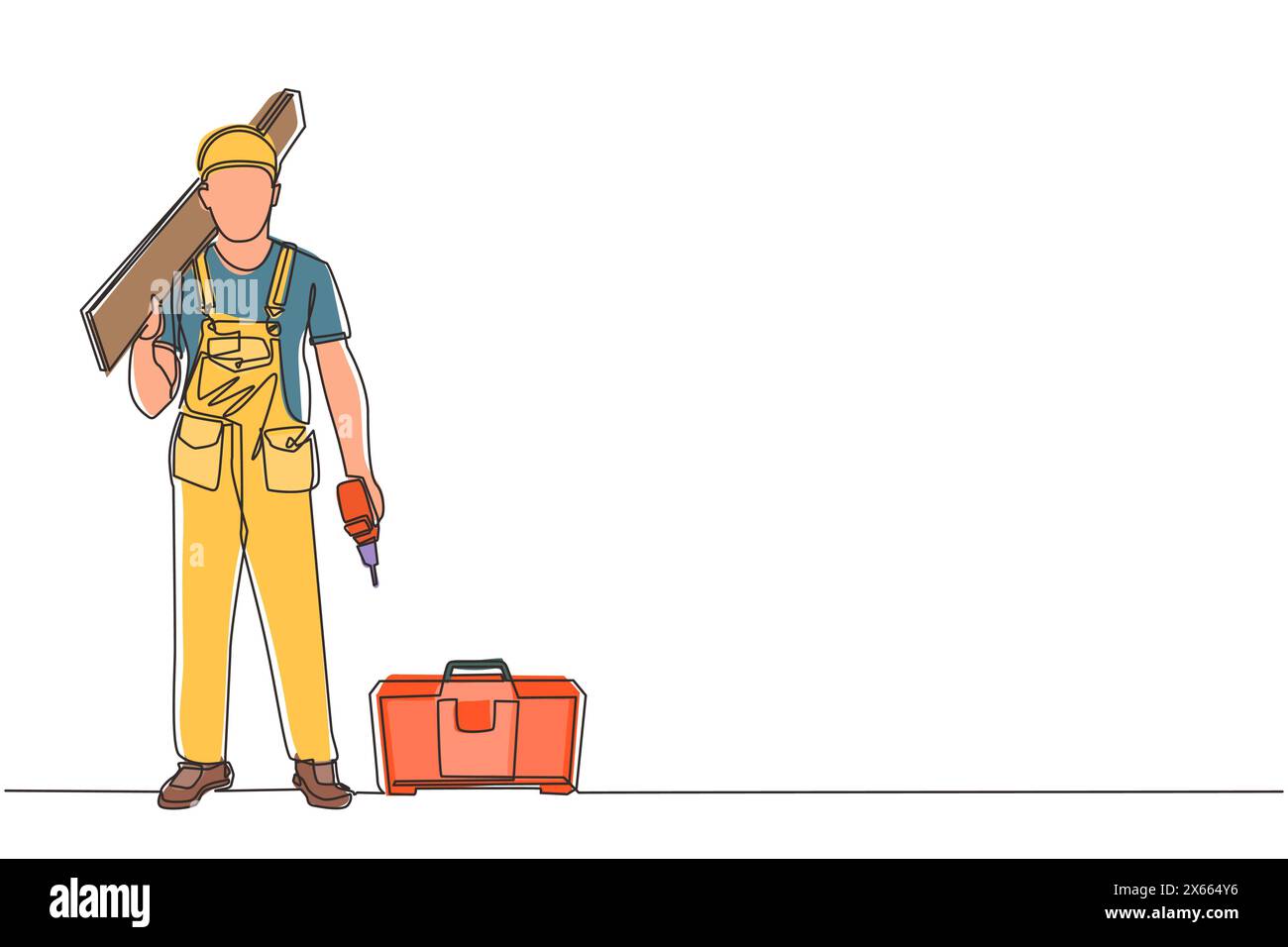 Single one line drawing timber frame house construction worker ...