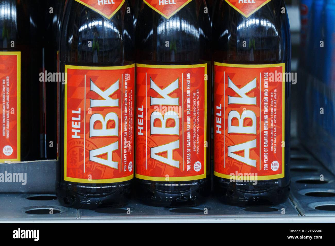 Tyumen, Russia-March 02, 2024: ABK lager beer bottles close up ...