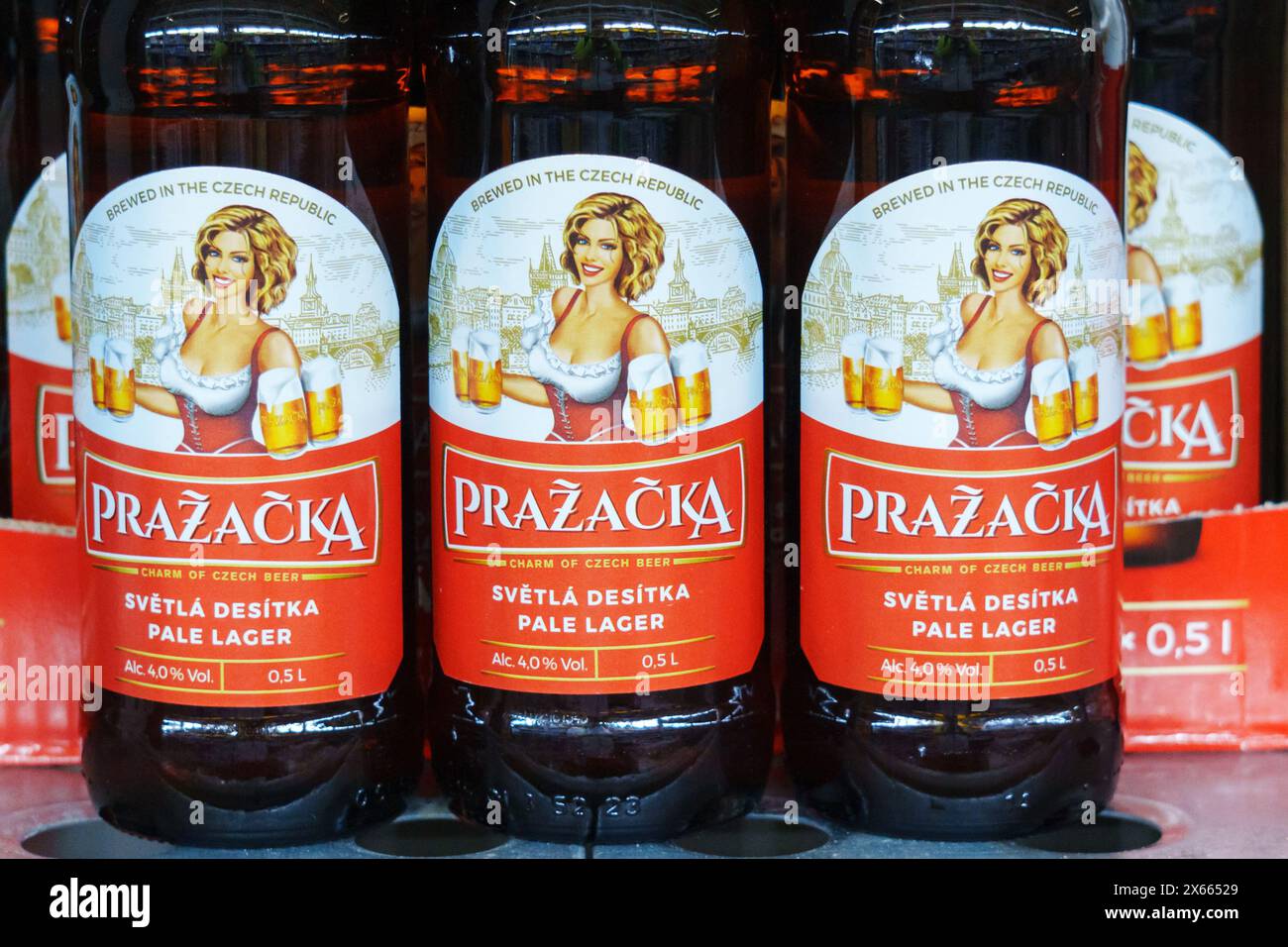 Tyumen, Russia-March 02, 2024: Prazacka Czech bottled light beer ...