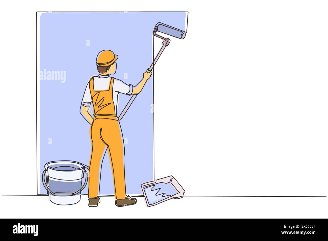 Single one line drawing man painting wall with roller. Vector concept ...
