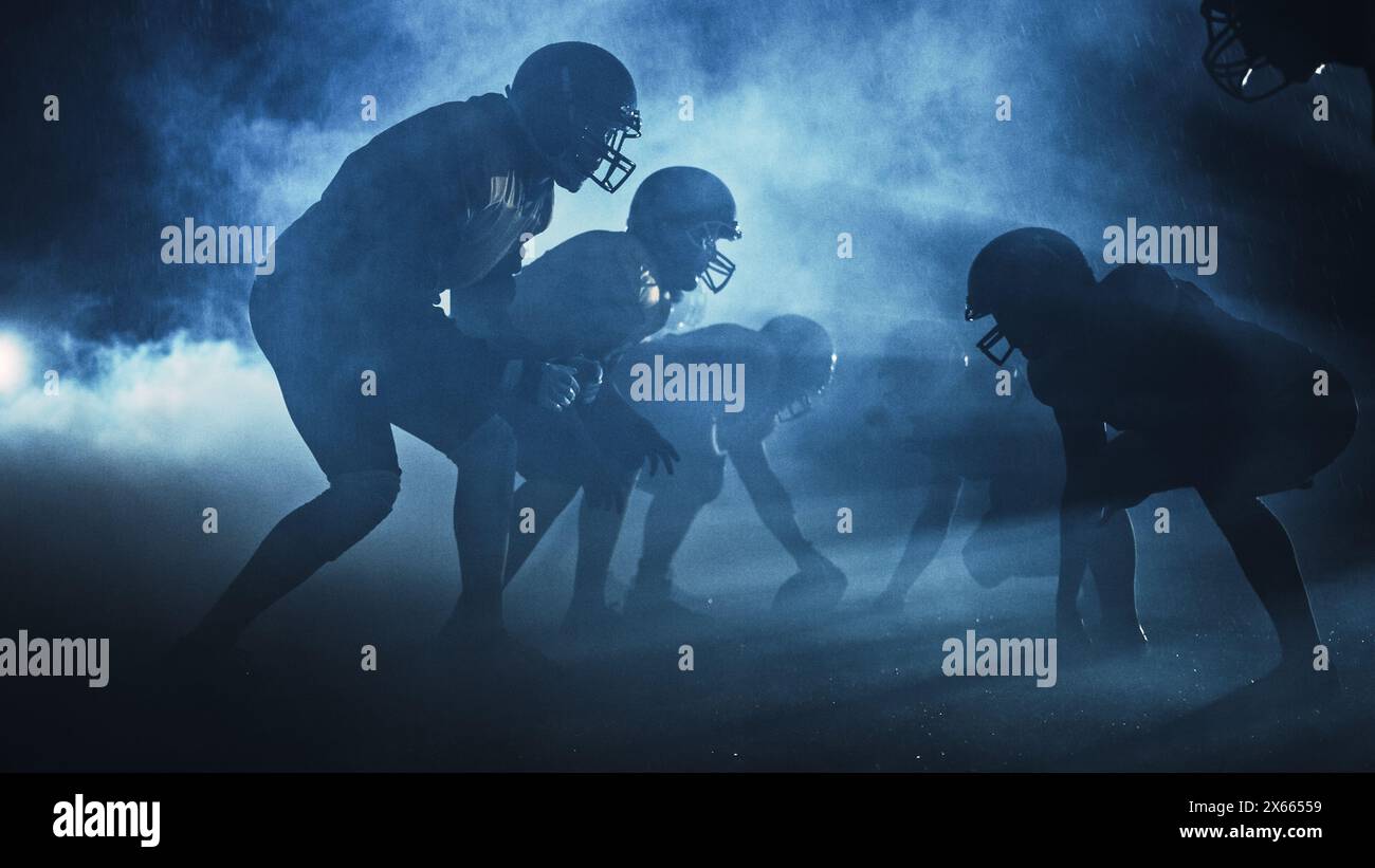 American Football Field Two Teams Compete: Players Pass, Run, Attack to ...