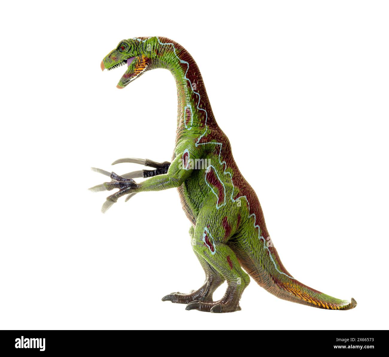 Toy dinosaur Therizinosaurus, a prehistoric creature, on transparent ...