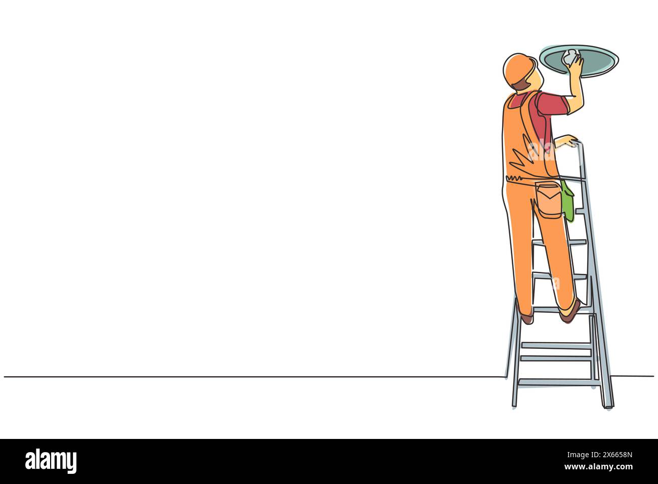 Continuous one line drawing worker electrician on ladder change light ...