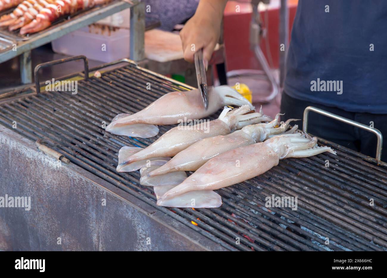 Grilled fresh squid, on the grate Stock Photo - Alamy