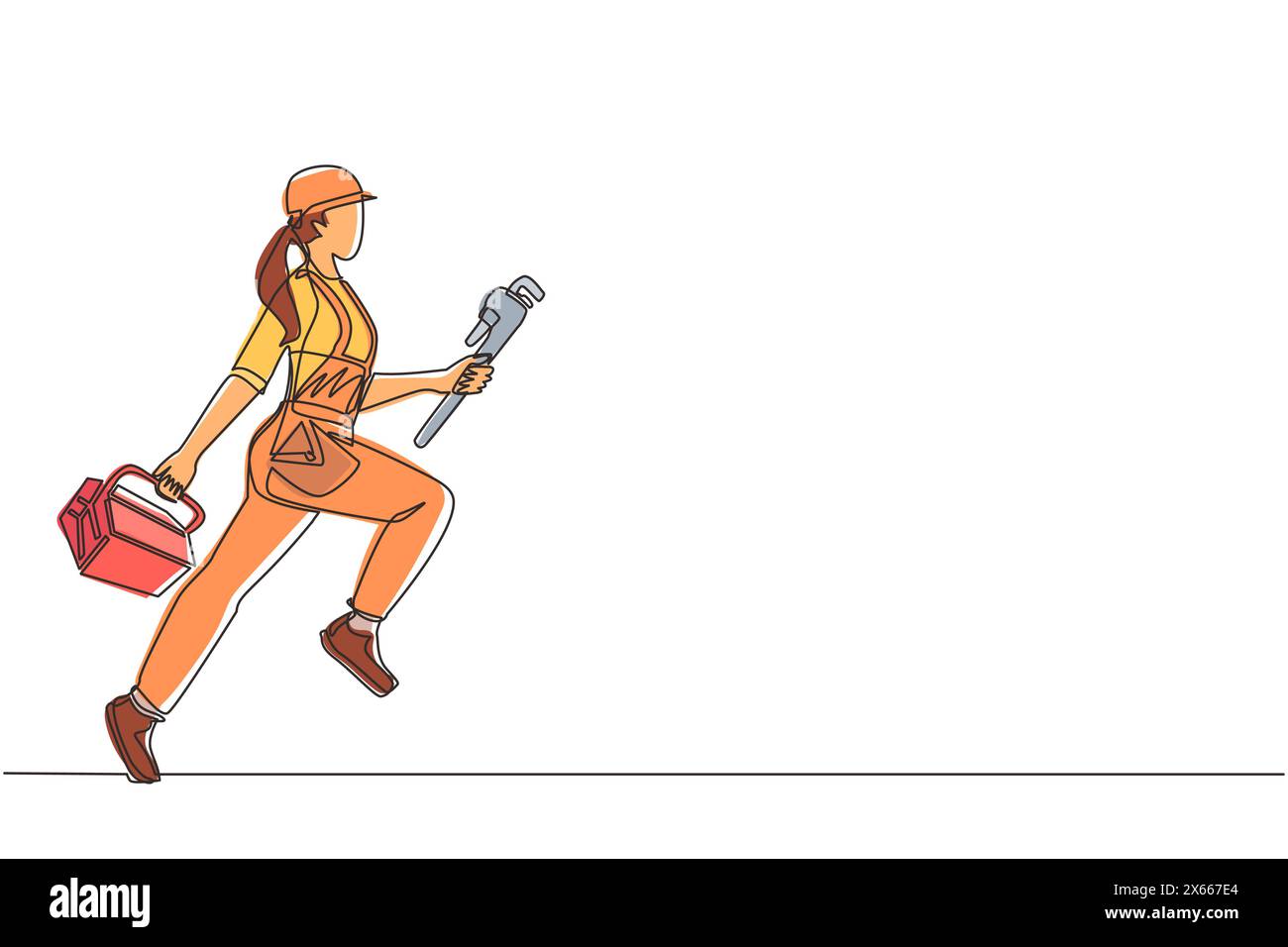 Single continuous line drawing mechanic repairwoman worker with tools ...