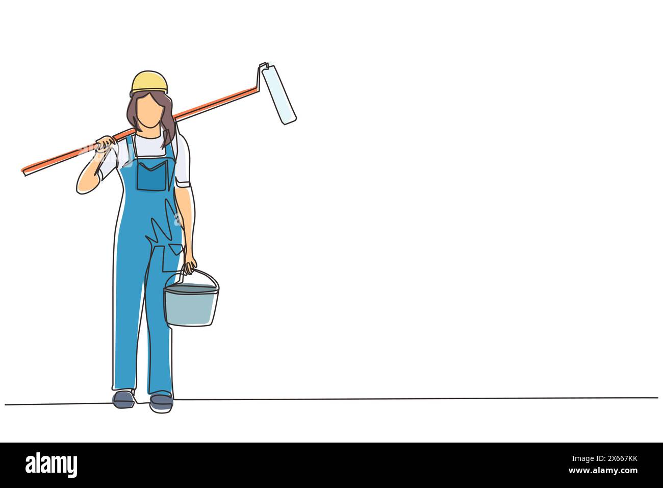 Single continuous line drawing female painter with bucket of paint and ...