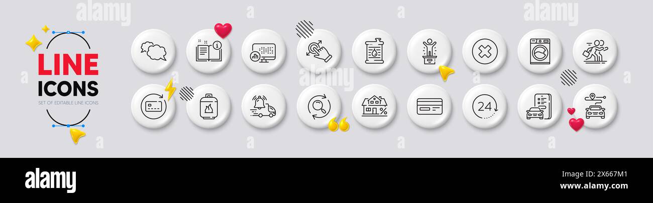 Credit card, Delivery notification and Report statistics line icons. For web app, printing ...