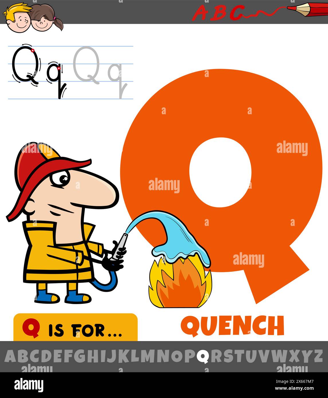 Educational cartoon illustration of letter Q from alphabet with quench ...