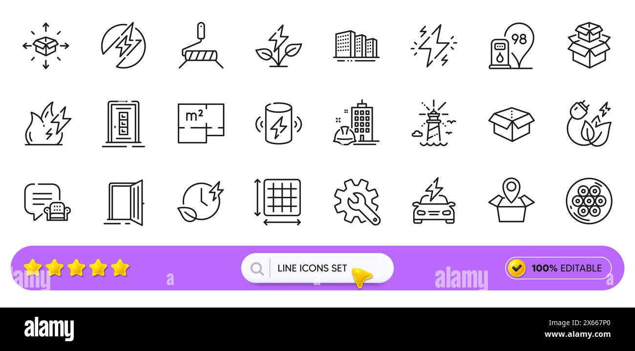 Fire energy, Electric energy and Square area line icons for web app ...