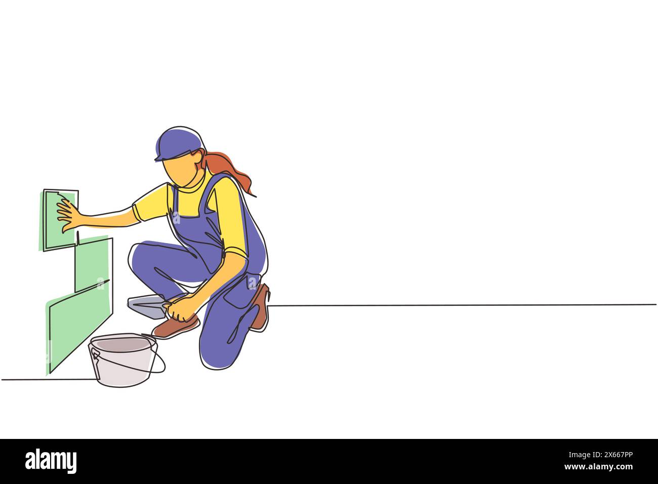Single one line drawing repair worker laying ceramic wall tile ...