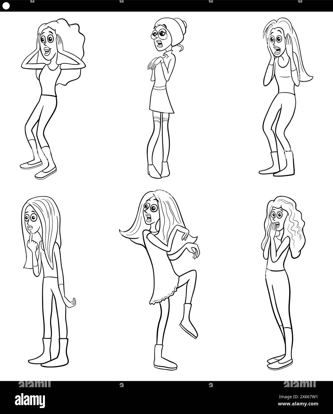 Cartoon illustration of funny surprised young women characters ...