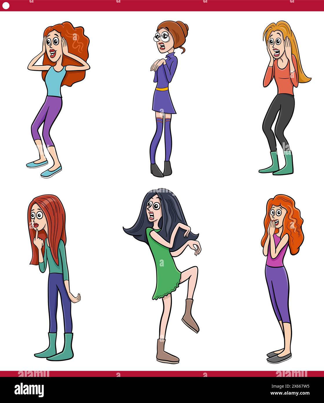 Cartoon illustration of funny surprised young women characters ...