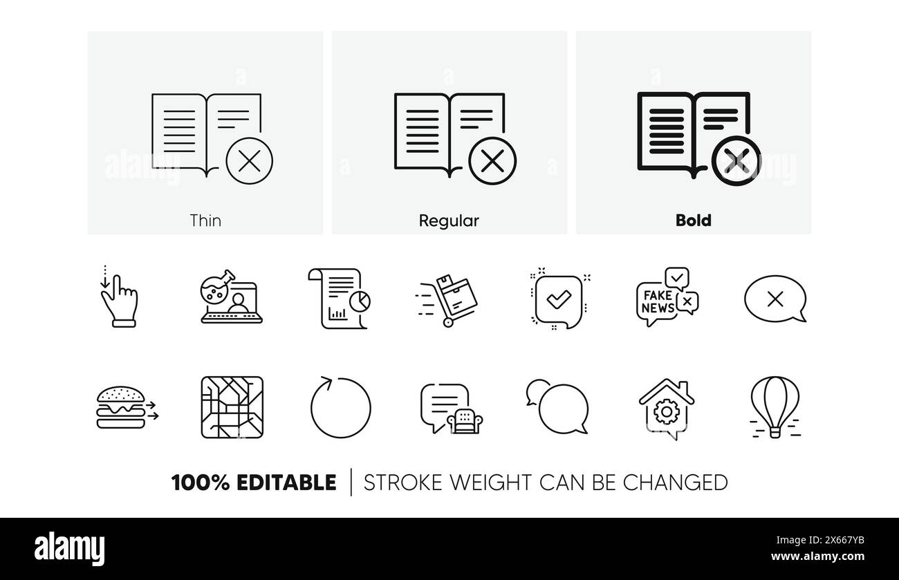 Food delivery, Inventory cart and Reject book line icons. For web app, printing. Line icons ...