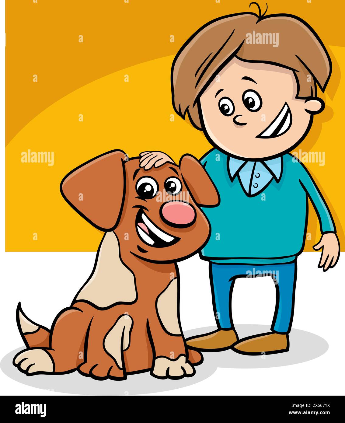 Cartoon illustration of funny little boy character with his dog Stock ...